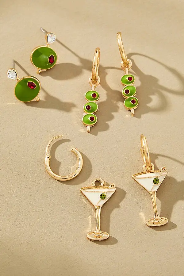 Anthropologie Festive Icon Earring Set - Olive Martini