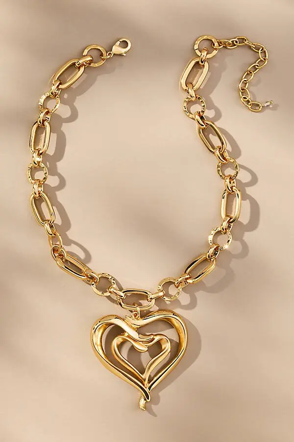 Anthropologie Chunky Chain Heart Pendant Necklace - Gold