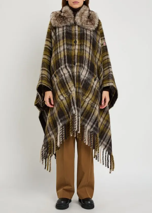 Moncler Plaid Brushed Wool-blend Cape