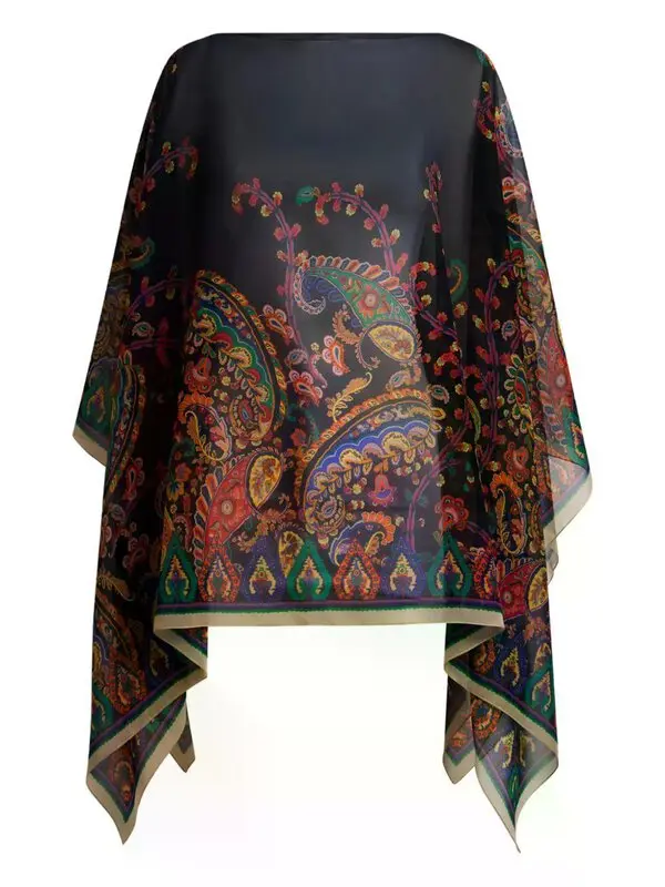 Etro Silk Poncho Top With Placed Floral Paisley Print