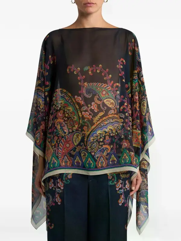 Etro Silk Poncho Top With Placed Floral Paisley Print