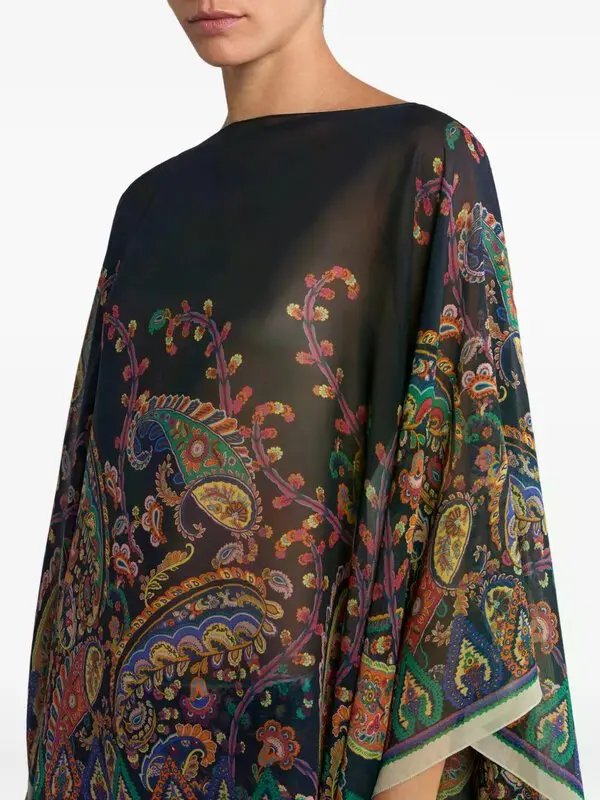 Etro Silk Poncho Top With Placed Floral Paisley Print