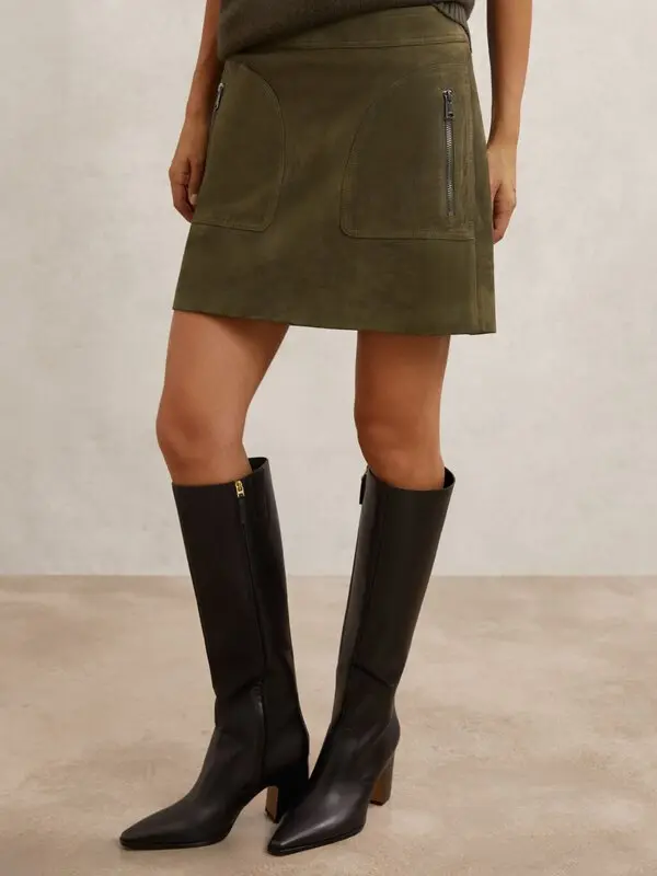 REISS Suede Mini Skirt With Zip Pockets