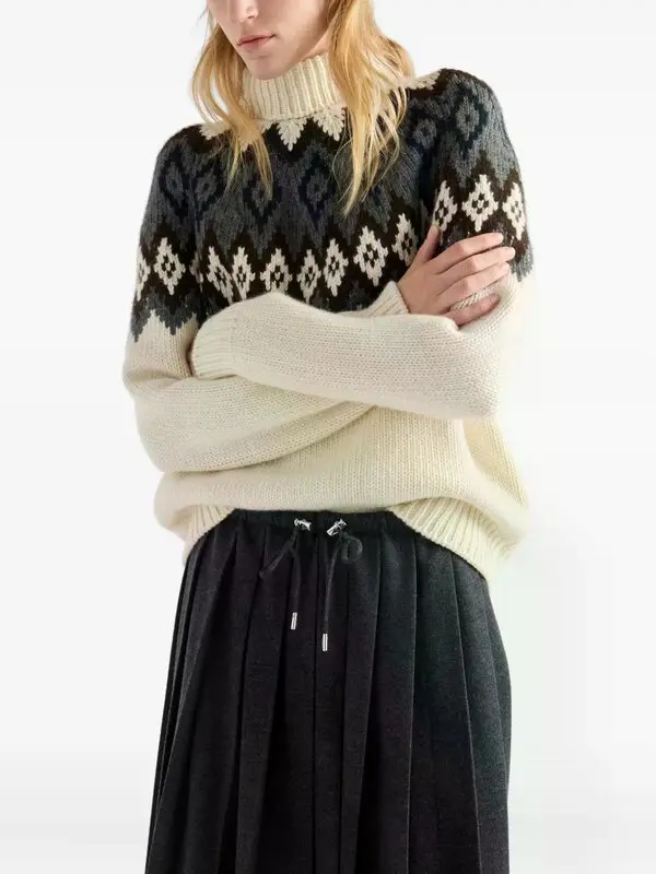Prada Intarsia Turtleneck Ribbed Sweater - Neutrals