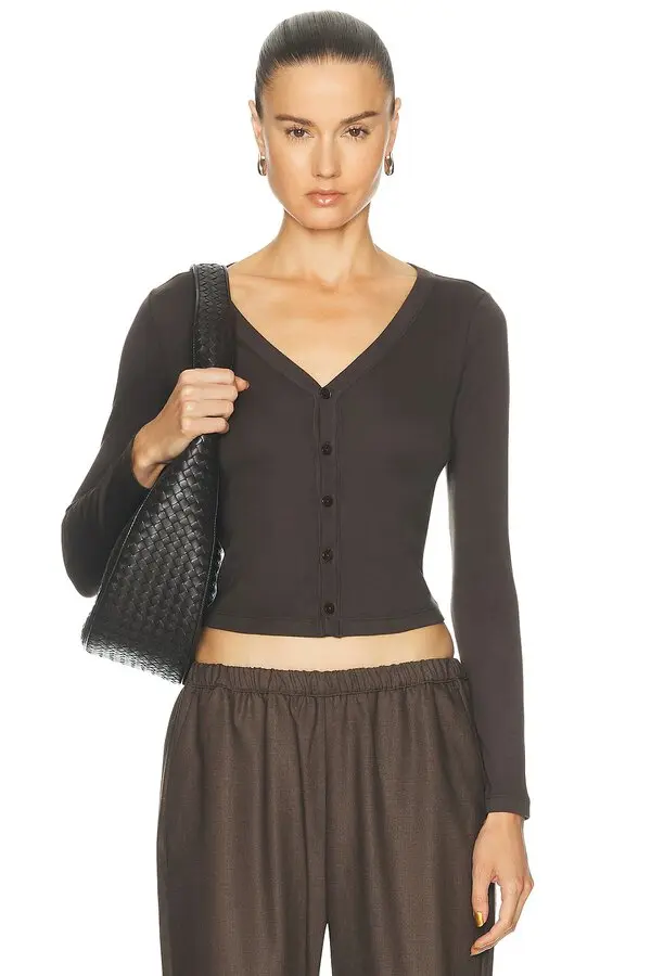 Enza Costa Supima Cotton Classic V-neck Cardigan - Espresso