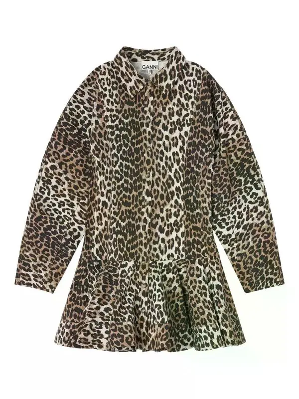 GANNI Leopard Print Mini Shirt Dress - Brown