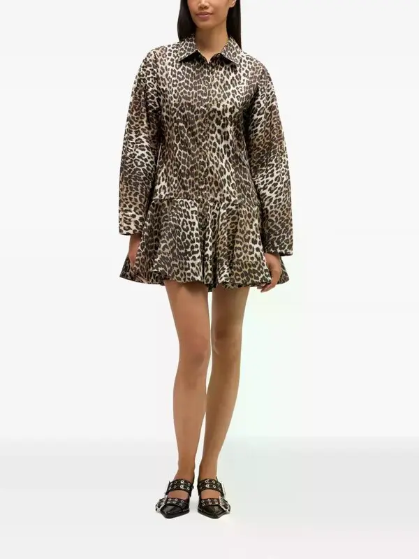 GANNI Leopard Print Mini Shirt Dress - Brown