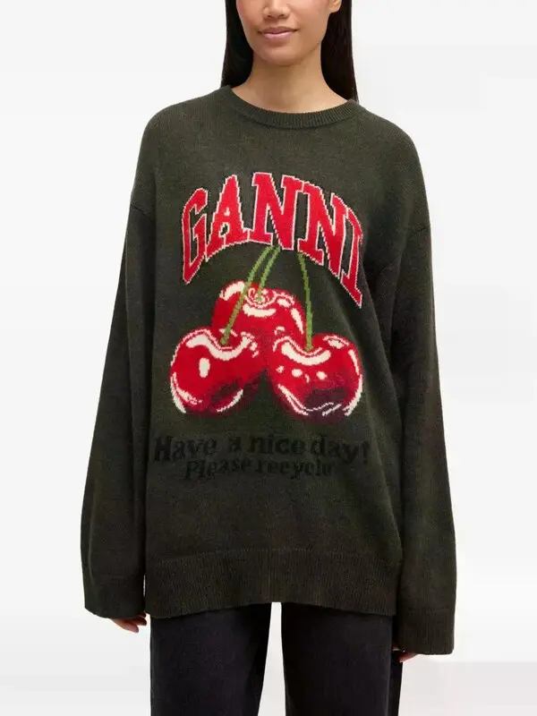 GANNI Cherry Print Graphic Wool Blend Sweater