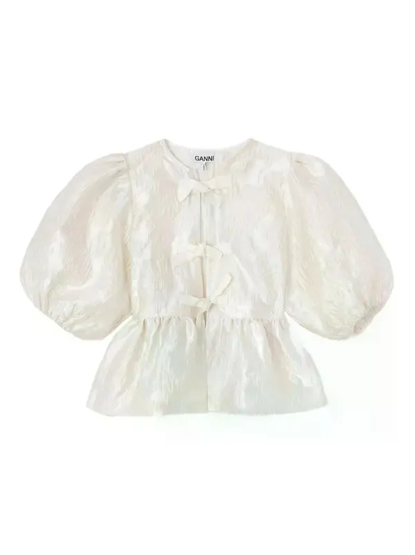 GANNI Satin Peplum Tie Blouse - Neutrals
