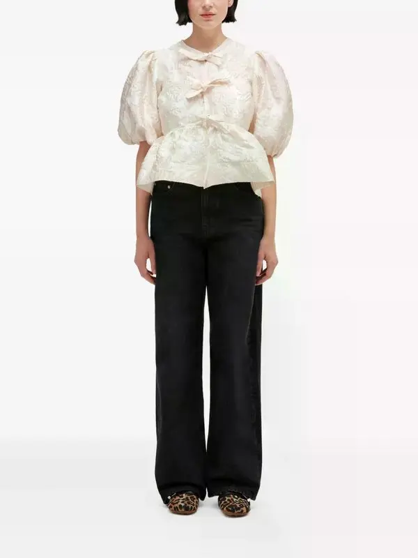 GANNI Satin Peplum Tie Blouse - Neutrals