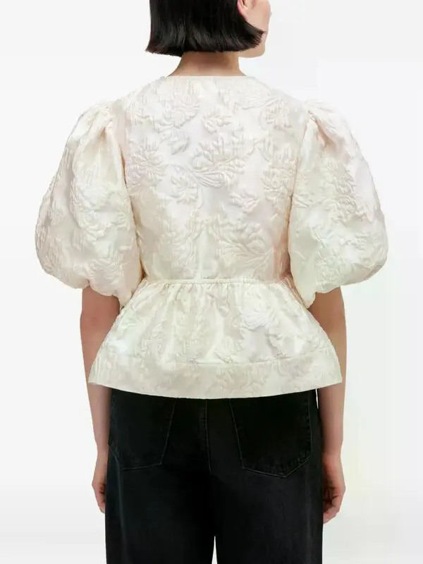 GANNI Satin Peplum Tie Blouse - Neutrals