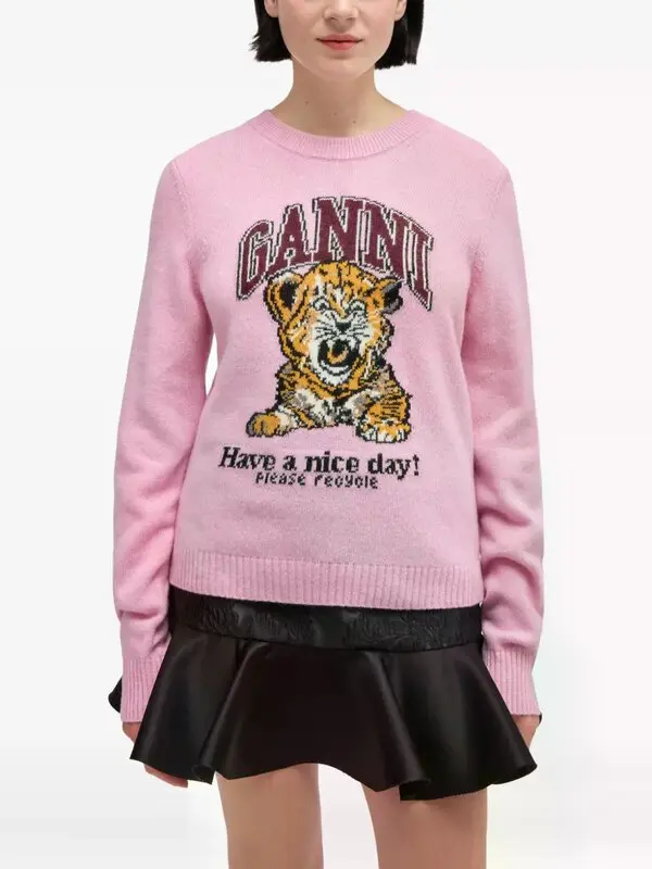 GANNI Graphic Crewneck Knitwear With Tiger Print