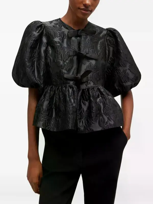 GANNI Puff Sleeve Bow Detail Peplum Blouse - Black