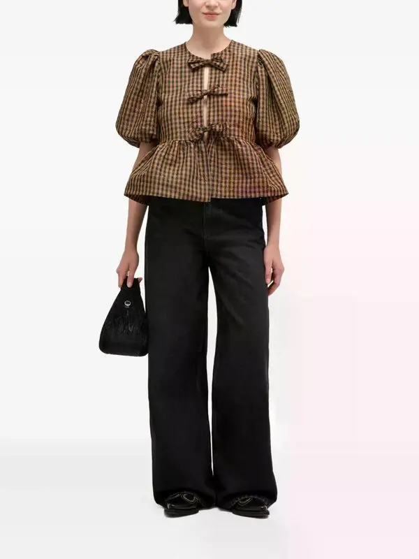 GANNI Gingham Bow Blouse - Brown