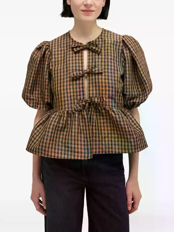 GANNI Gingham Bow Blouse - Brown