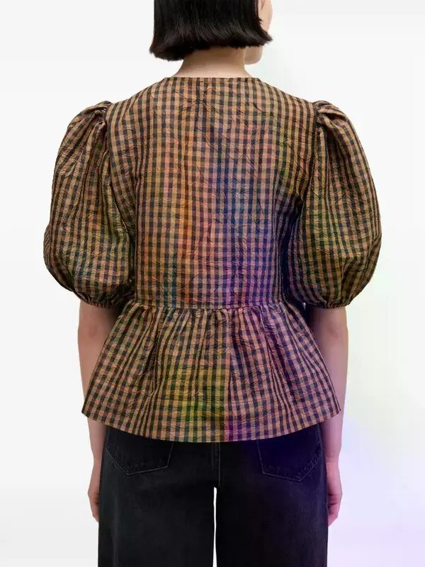 GANNI Gingham Bow Blouse - Brown