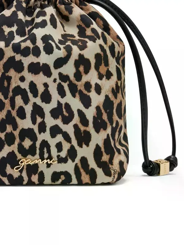 GANNI Drawstring Bucket Bag With Animal Print - Neutrals