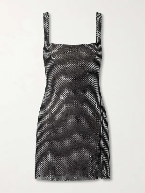 SELF-PORTRAIT Crystal-embellished Stretch-mesh Mini Dress - Black