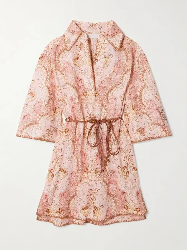 Zimmermann Daylight Belted Printed Linen Mini Dress - Pink