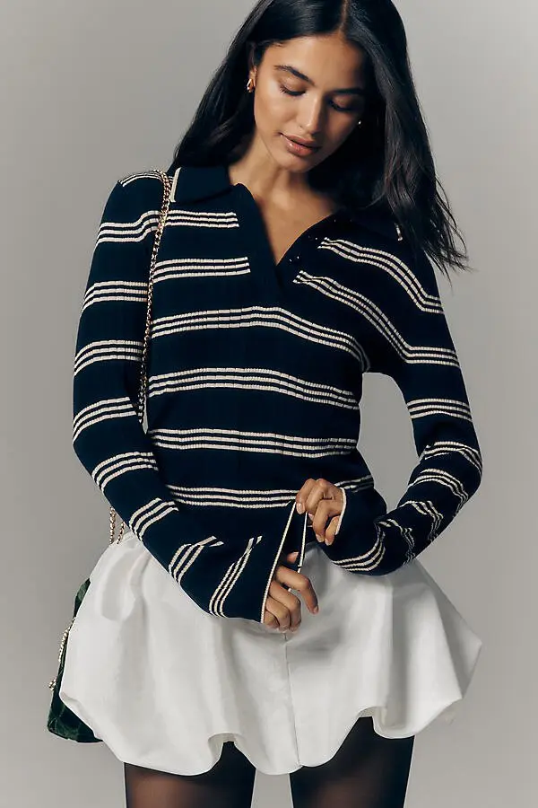 REFORMATION Hermia Long-sleeve Polo Top - Parmesan Navy Stripe