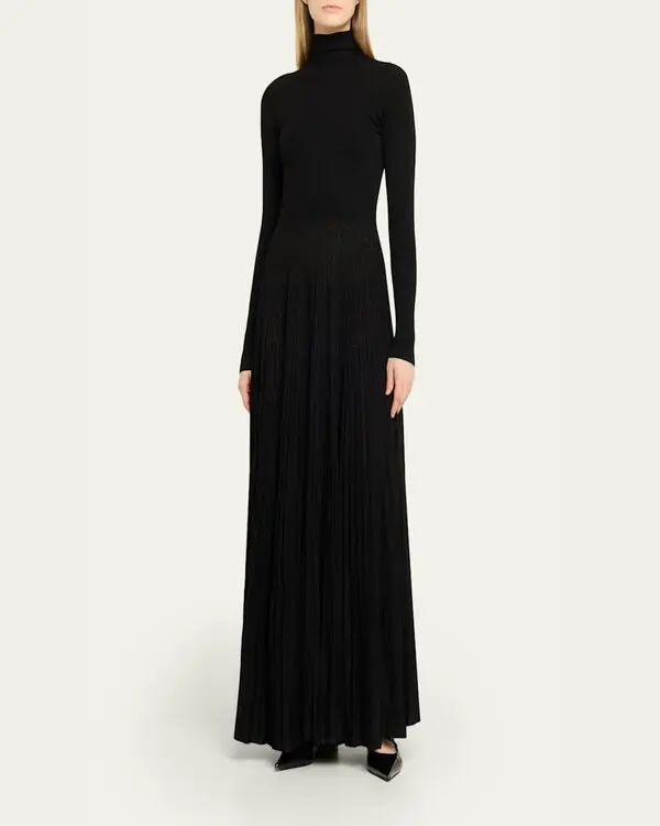 Ralph Lauren Rib-knit Pleated Turtleneck Gown