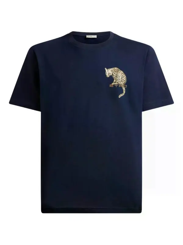 Etro Cotton T-shirt With Leopard Print And Embroidery - Blue