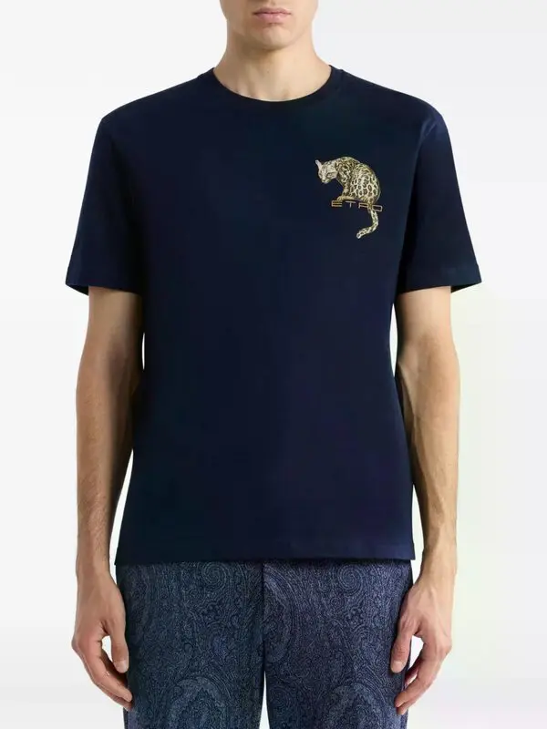 Etro Cotton T-shirt With Leopard Print And Embroidery - Blue