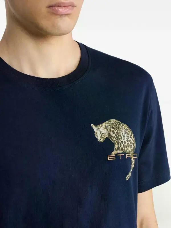 Etro Cotton T-shirt With Leopard Print And Embroidery - Blue