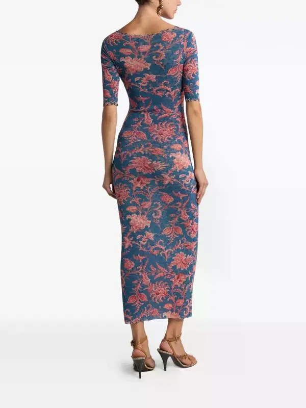 Etro Stretch Tulle Midi Dress With Floral Motif