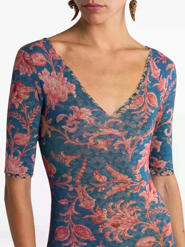 Etro Stretch Tulle Midi Dress With Floral Motif