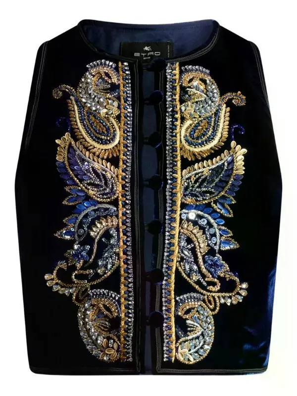 Etro Paisley Foliage Embroidered Velvet Waistcoat - Blue