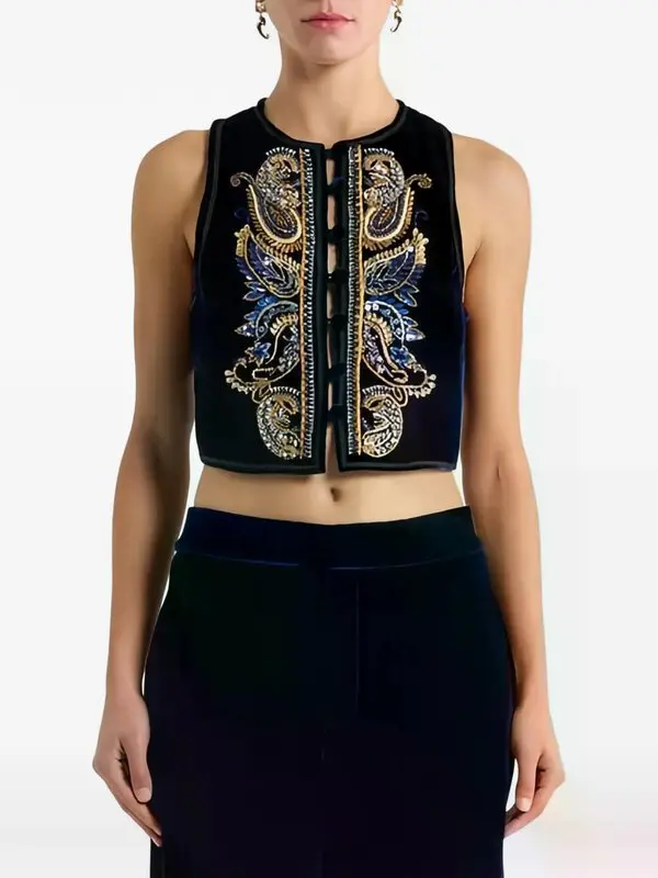 Etro Paisley Foliage Embroidered Velvet Waistcoat - Blue