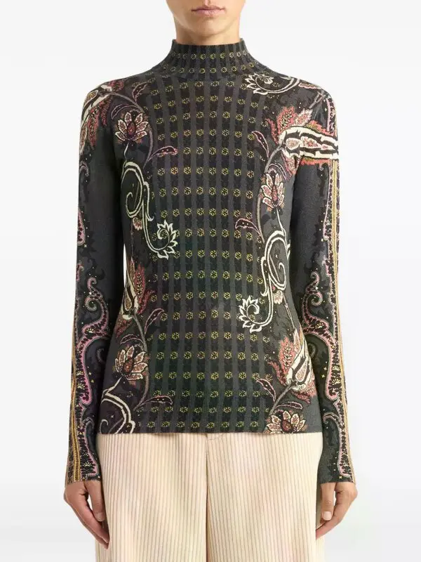 Etro Silk And Cashmere Turtleneck Sweater With Floral Paisley Motif