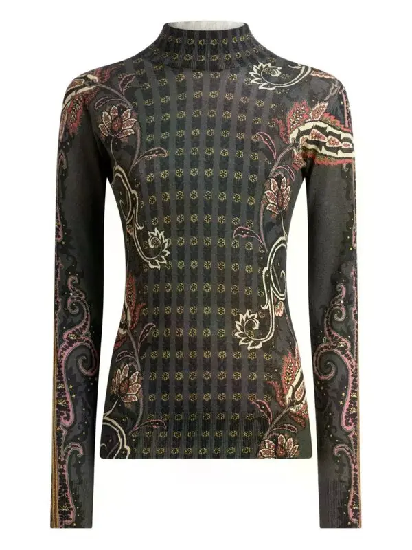 Etro Silk And Cashmere Turtleneck Sweater With Floral Paisley Motif