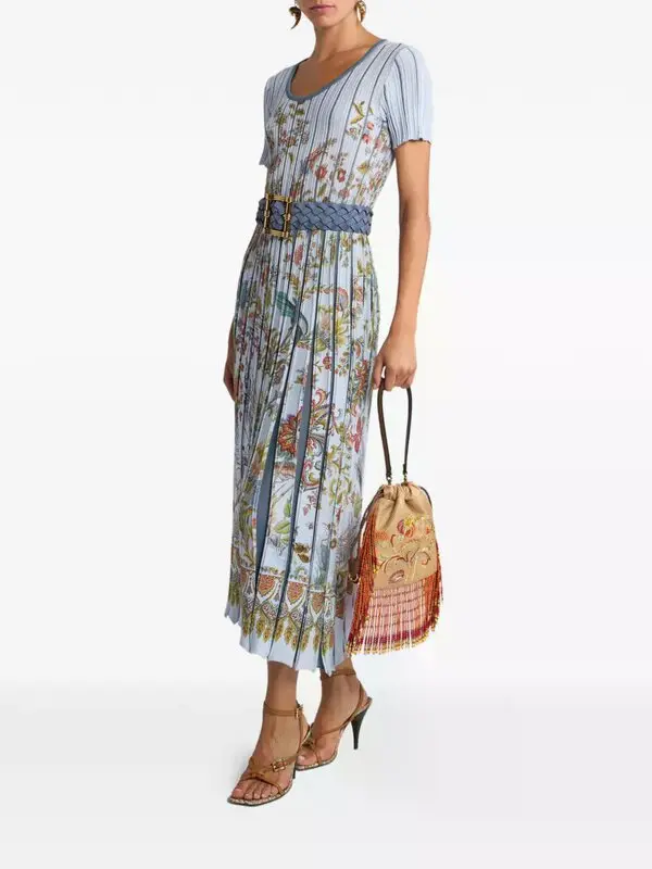 Etro Pleated Cotton-blend Midi Dress With Placed Print