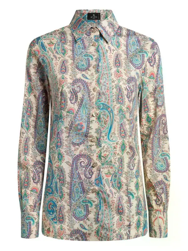 Etro Stretch Cotton Shirt With Leafy Paisley Motif - Neutrals