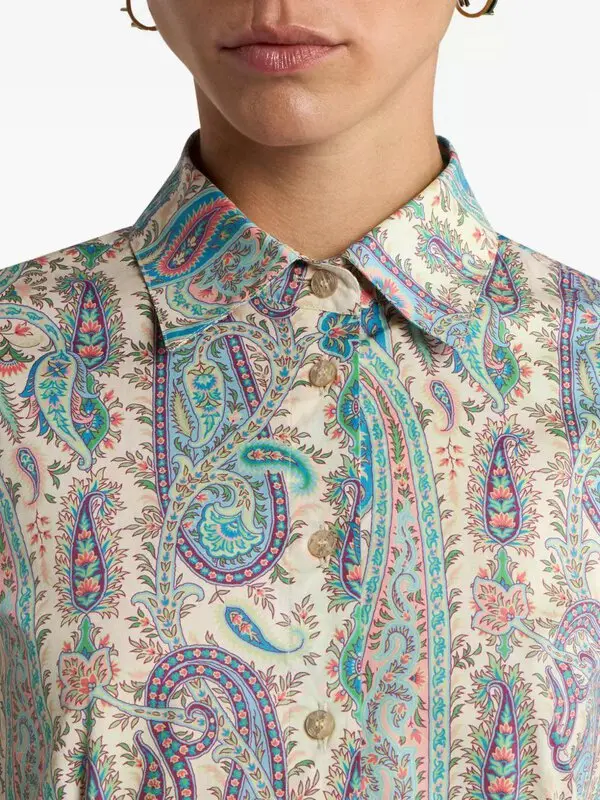 Etro Stretch Cotton Shirt With Leafy Paisley Motif - Neutrals