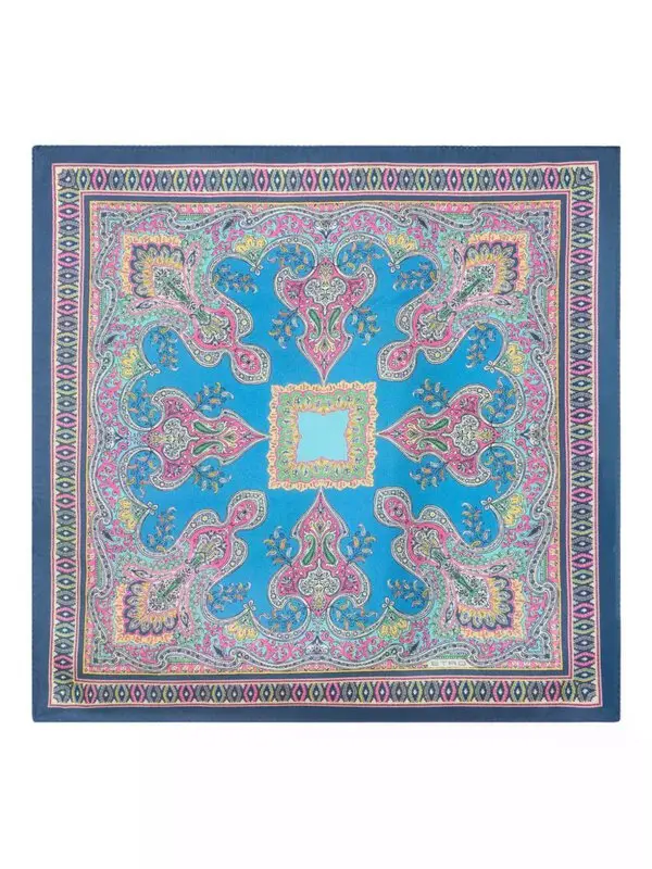 Etro Floral Paisley Silk Pocket Square - Blue