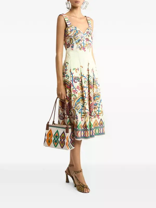 Etro Cotton Midi Dress With Placed Floral Paisley Print - Neutrals