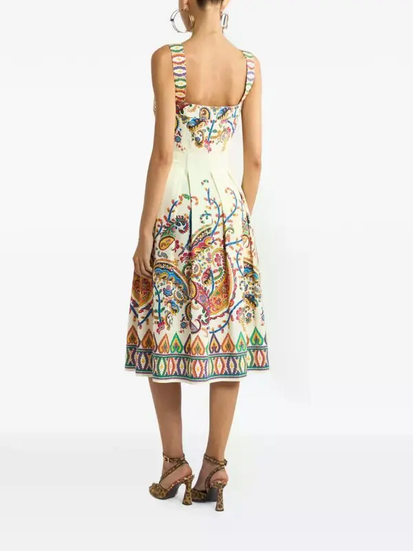 Etro Cotton Midi Dress With Placed Floral Paisley Print - Neutrals