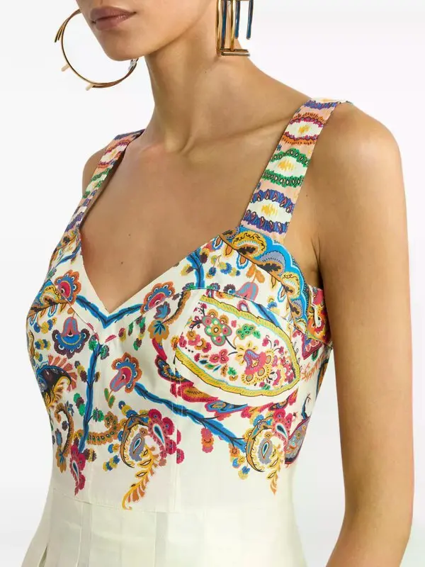 Etro Cotton Midi Dress With Placed Floral Paisley Print - Neutrals