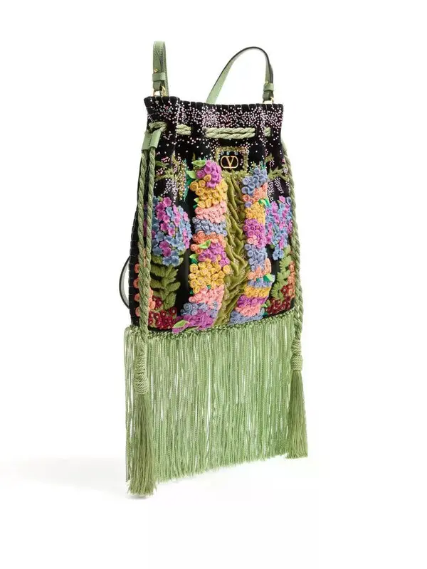 Valentino Garavani Nellcôte Alice Velvet Bag With Floral Embroidery And Fringe