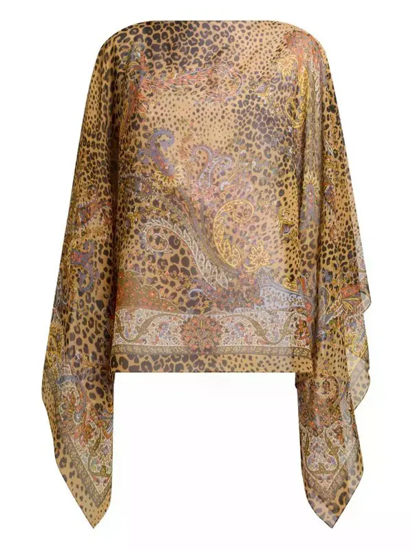 Etro Silk Poncho Top With Paisley And Animal Motif - Brown