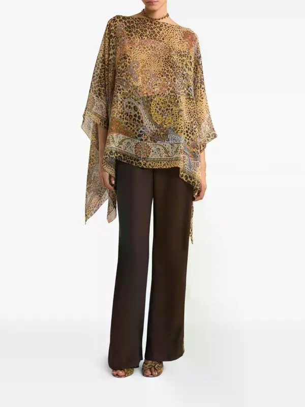 Etro Silk Poncho Top With Paisley And Animal Motif - Brown