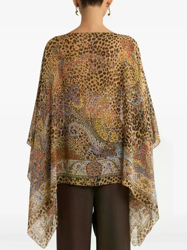 Etro Silk Poncho Top With Paisley And Animal Motif - Brown