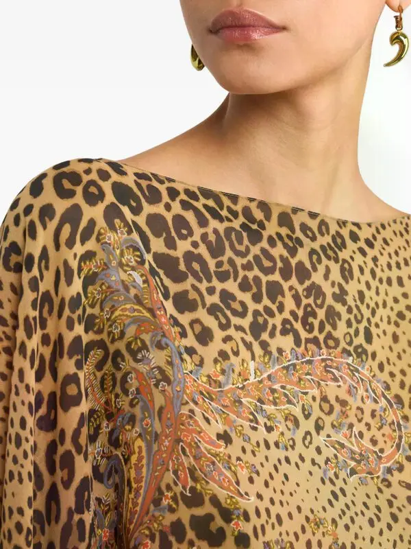 Etro Silk Poncho Top With Paisley And Animal Motif - Brown