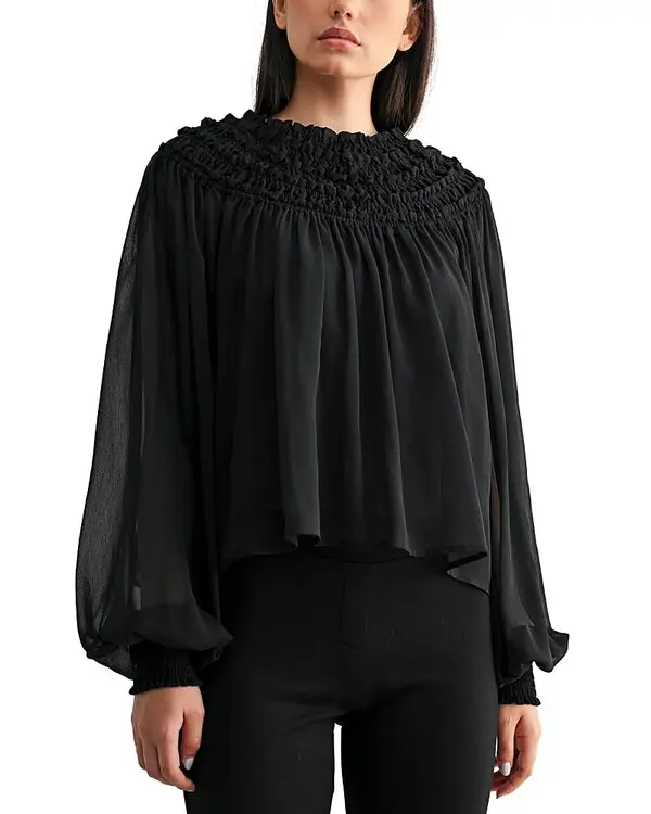 LUVEE Smocked Sheer Blouse - Black