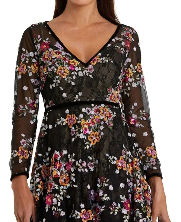 Mac Duggal Floral Embroidered Tea Length Dress