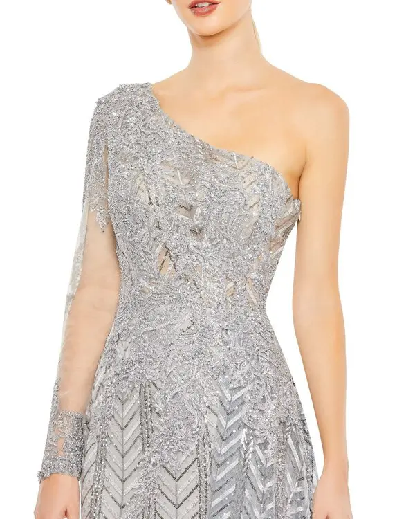 Mac Duggal Asymmetrical Hand-beaded Mesh Gown