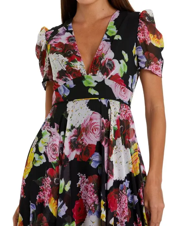 Mac Duggal Floral Print Mesh Cap Sleeve Gown - Black Multi